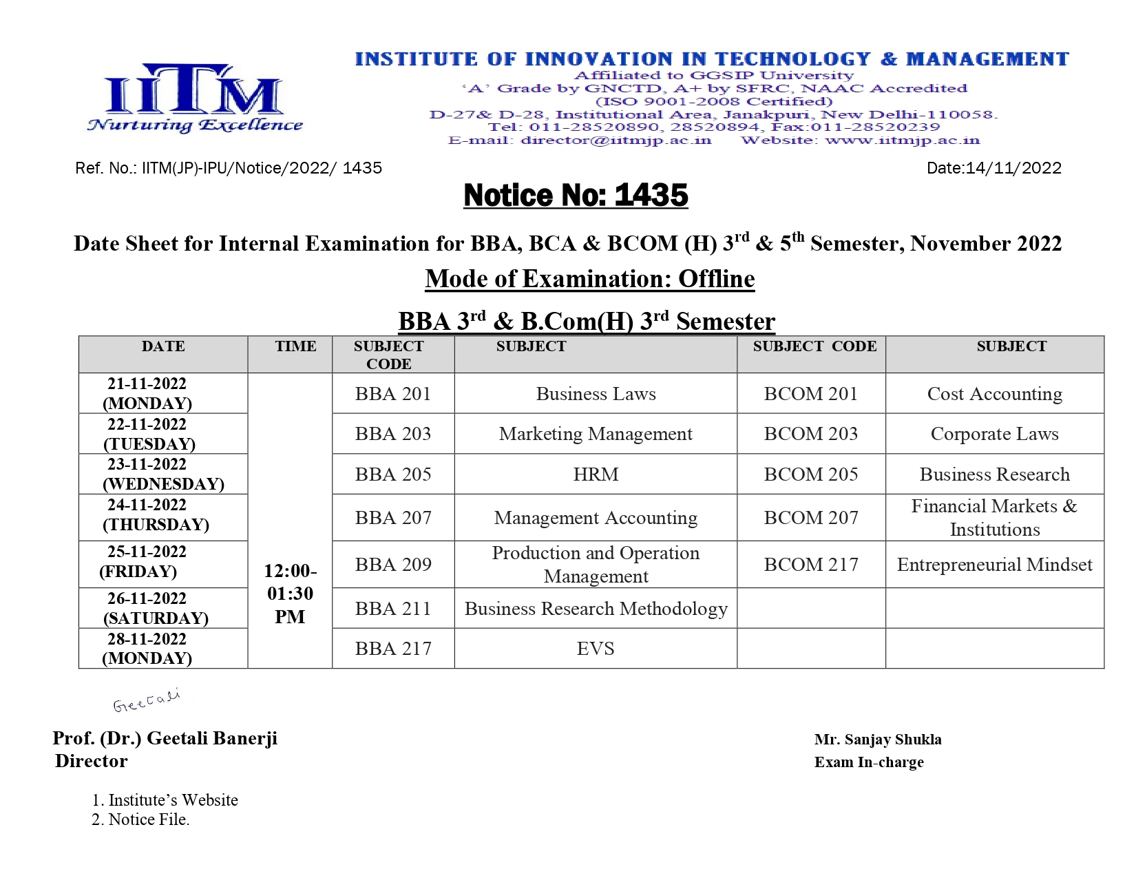 Datesheet For Internal Examination for BCA/BBA/BCOM(H) 3rd & 5th Sem - IITM