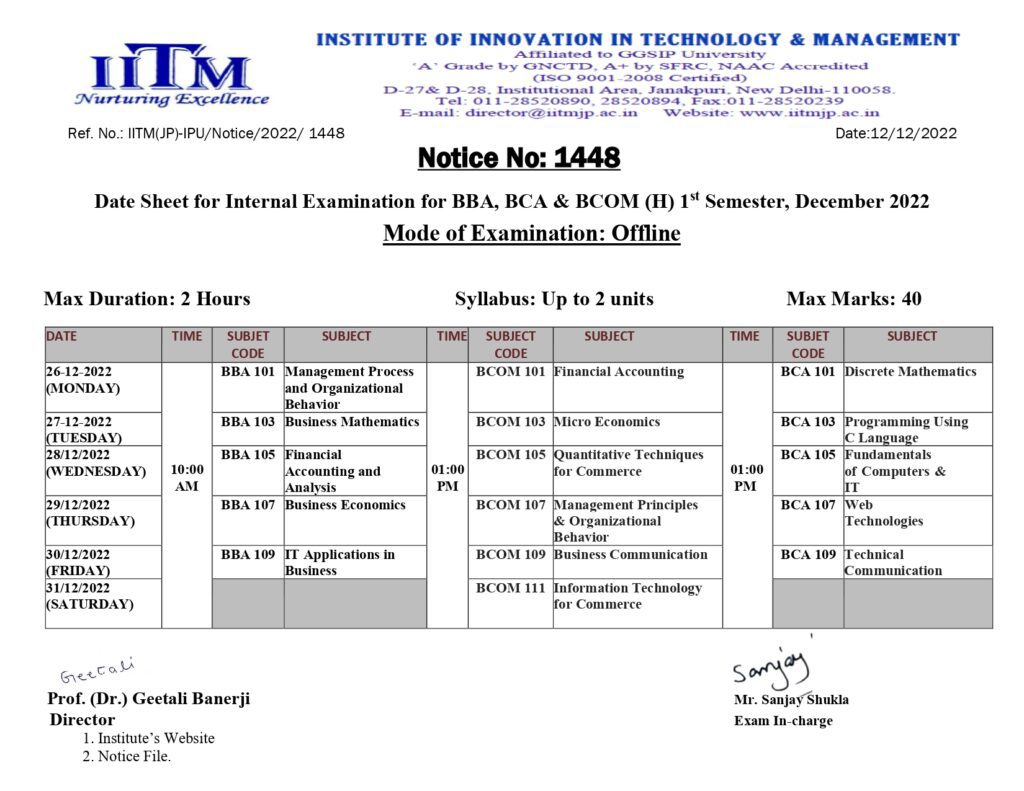 Date Sheet For Internal Examination For Bba Bca Bcom H 1st Sem